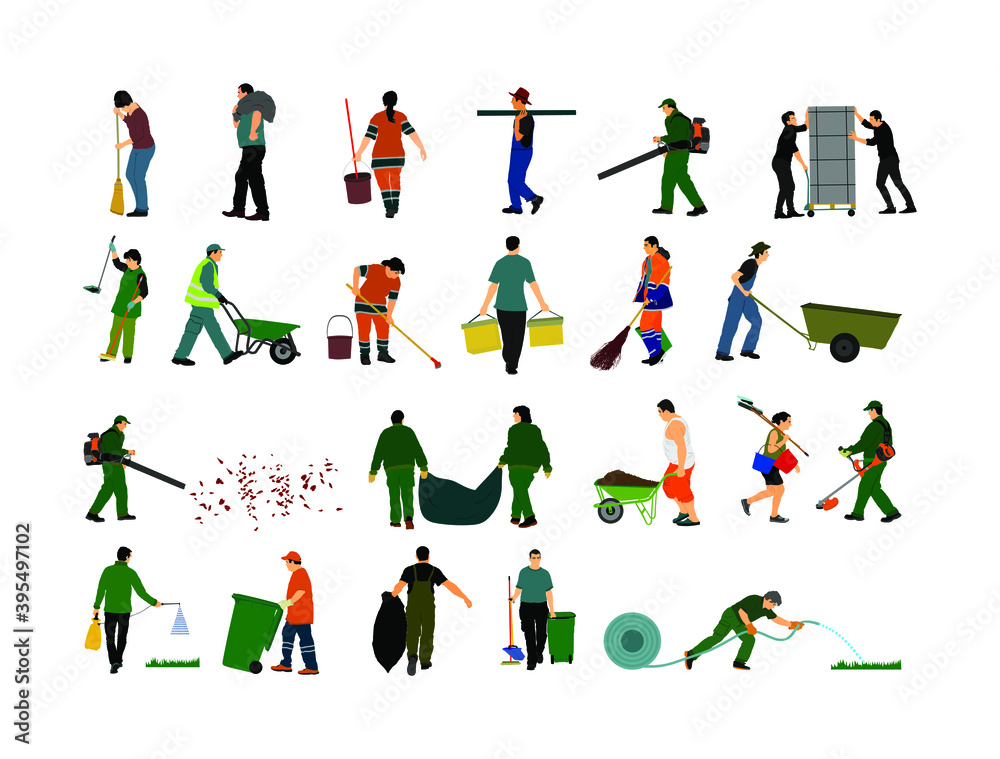 Outdoor workers people. Farmer, gardener, landscaper cleaning service ...