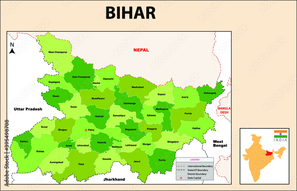 Bihar Map.Political map of Bihar District. Bihar map with green color ...