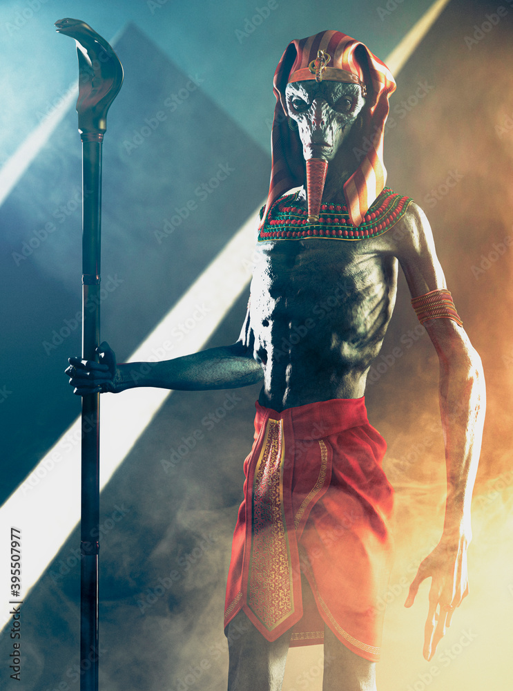 ภาพประกอบสต็อก Ancient god alien pharaoh in a smoky atmosphere with ...