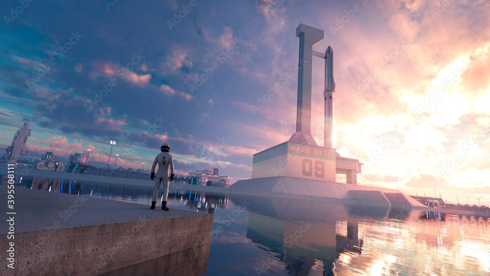Rocket on a spaceship launch ramp with destination mars for exploring ...