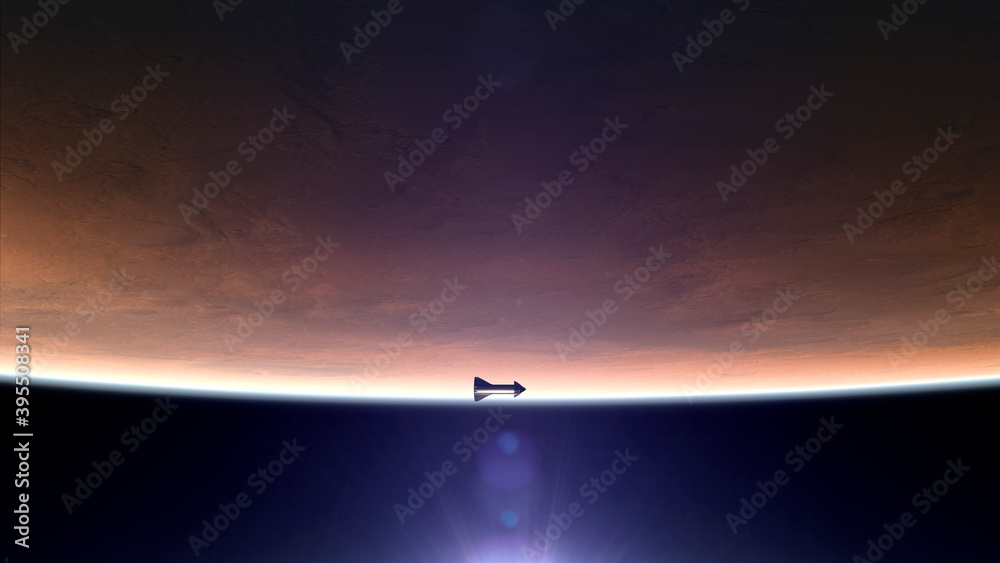 Spaceship in mars orbit approaching landing on the red planet for ...