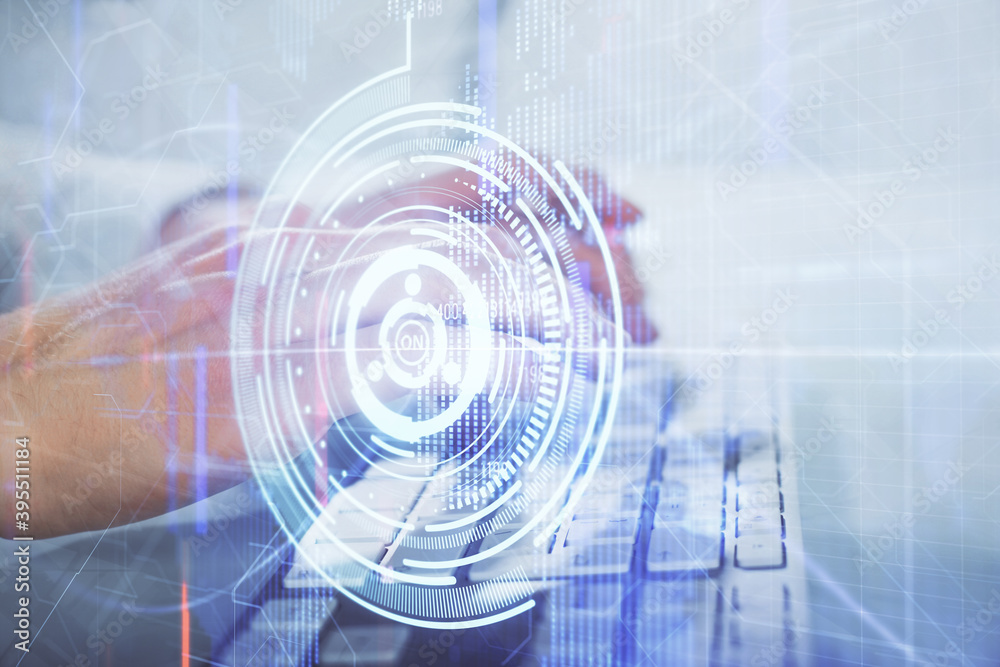 Multi exposure of tech drawings with man working on computer background ...