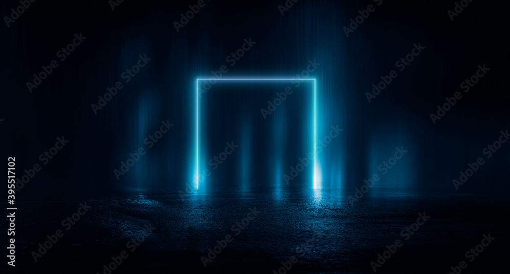 Abstract futuristic neon background, light tunnel, blue neon shapes on ...