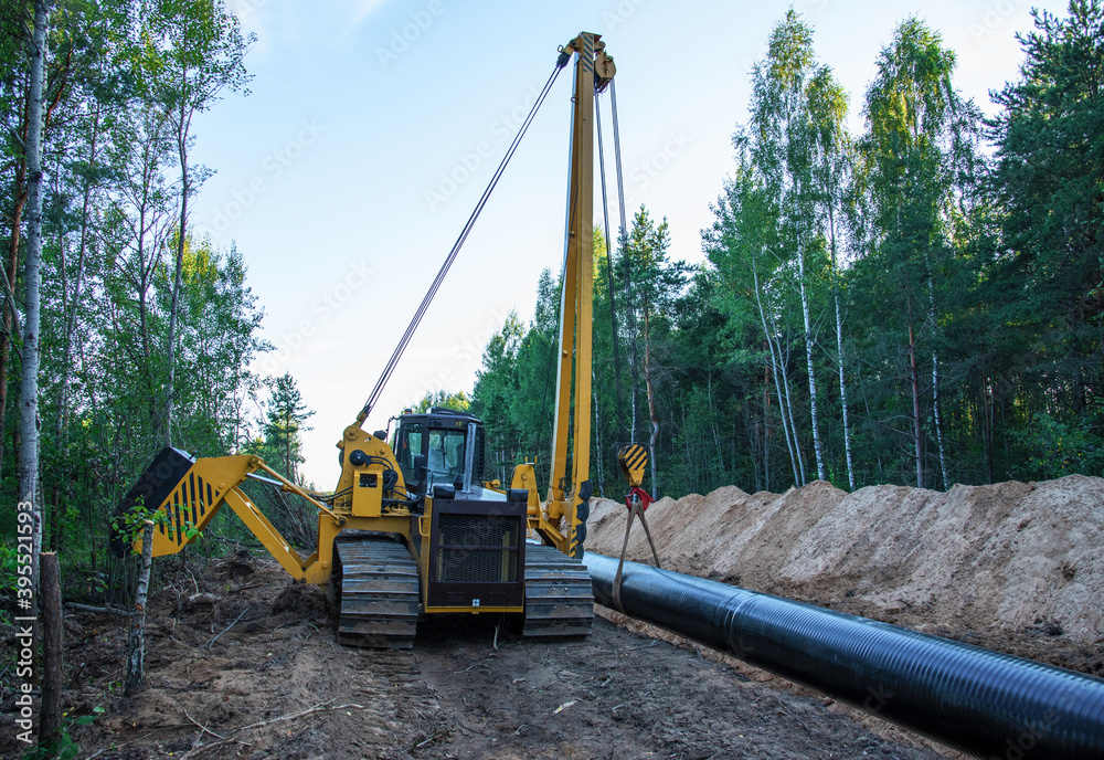 Crude oil and Natural gas pipeline construction work in forest area ...