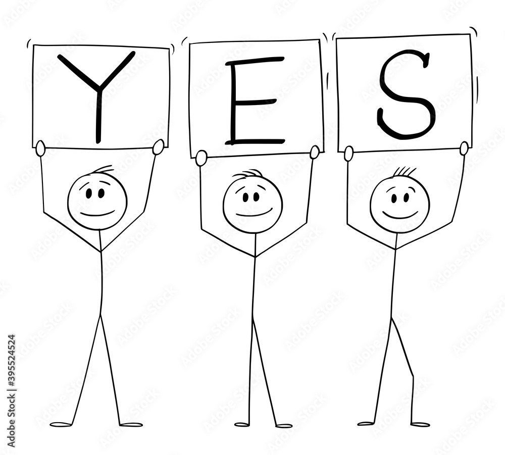 Vector cartoon stick figure illustration of three smiling positive men ...