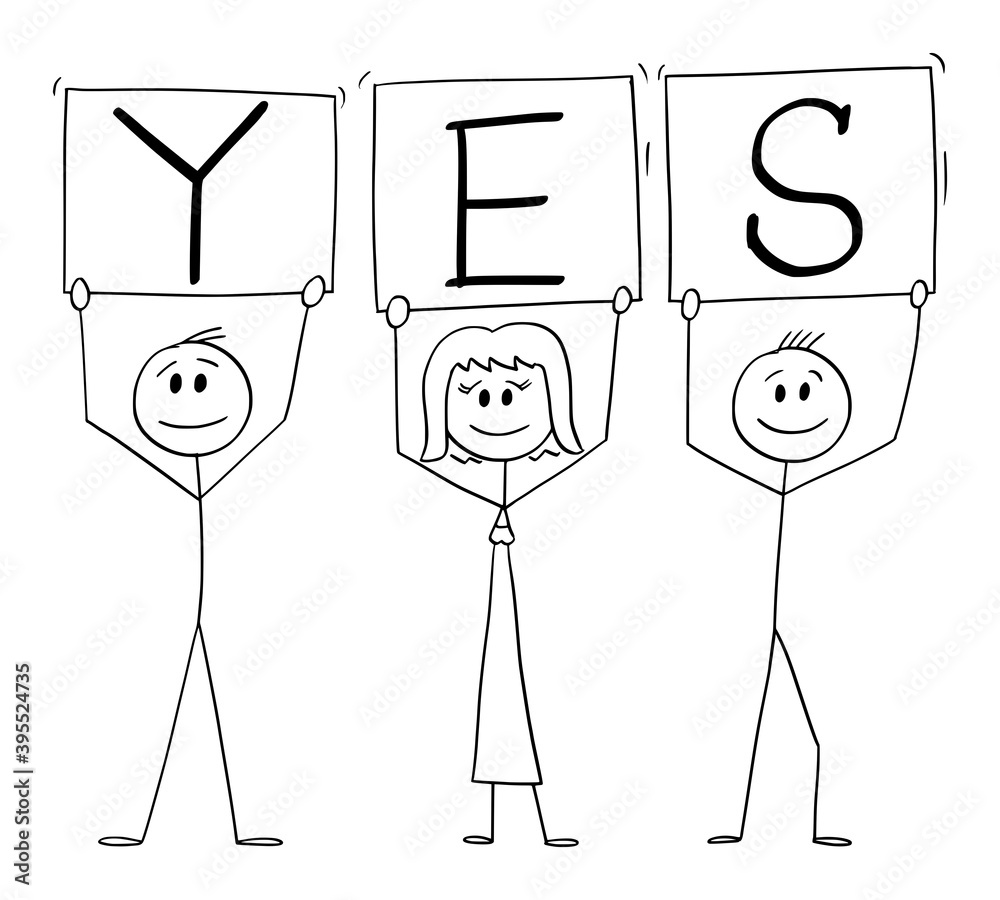 Vector cartoon stick figure illustration of three smiling positive ...