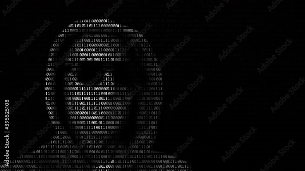 Web hacker in dark glass and hoodie looking to binary matrix code on ...