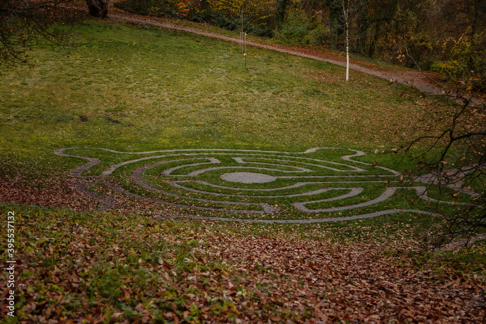 Stone pathway round outdoor prayer labyrinth in a circular shape ...
