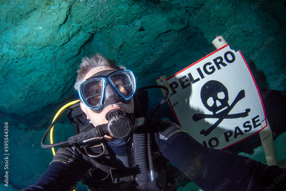 danger no trespassing sign in Cave diving in mexican cenotes Stock ...