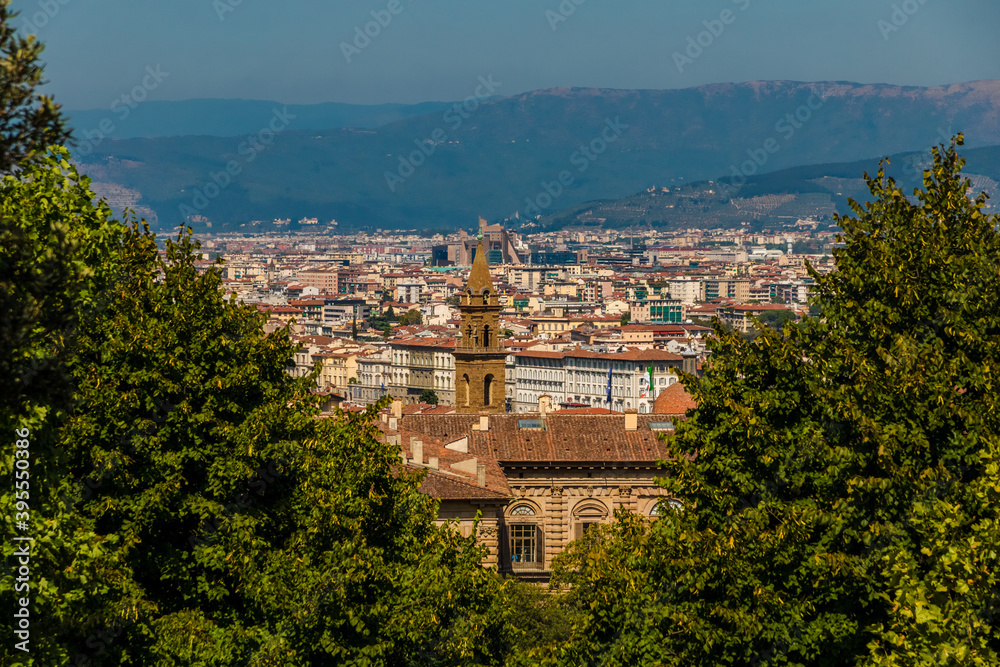 Splendid view from Boboli Gardens between two trees overlooking ...