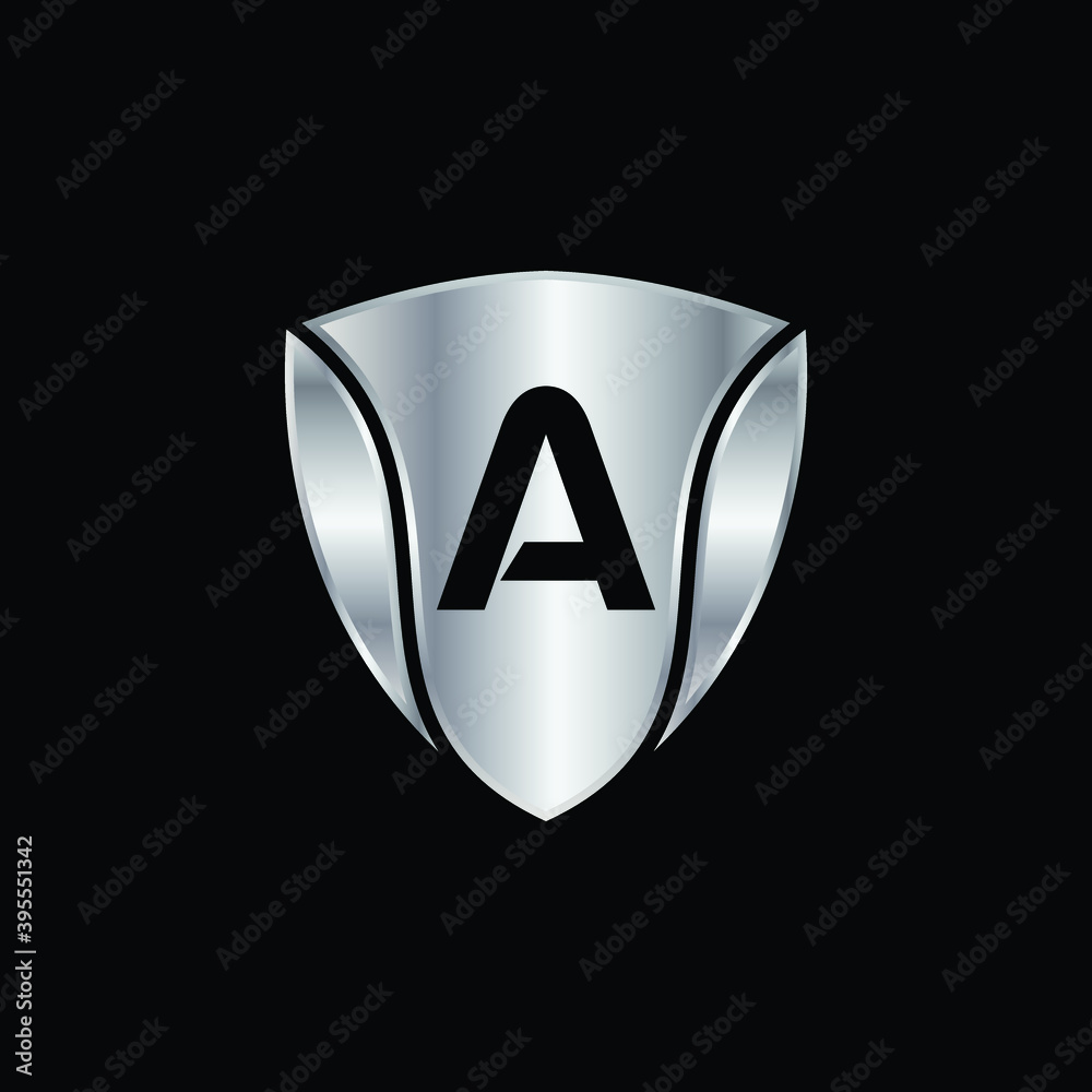 Silver Shield Logo Design for Letter A. Vector Realistic Metallic logo ...