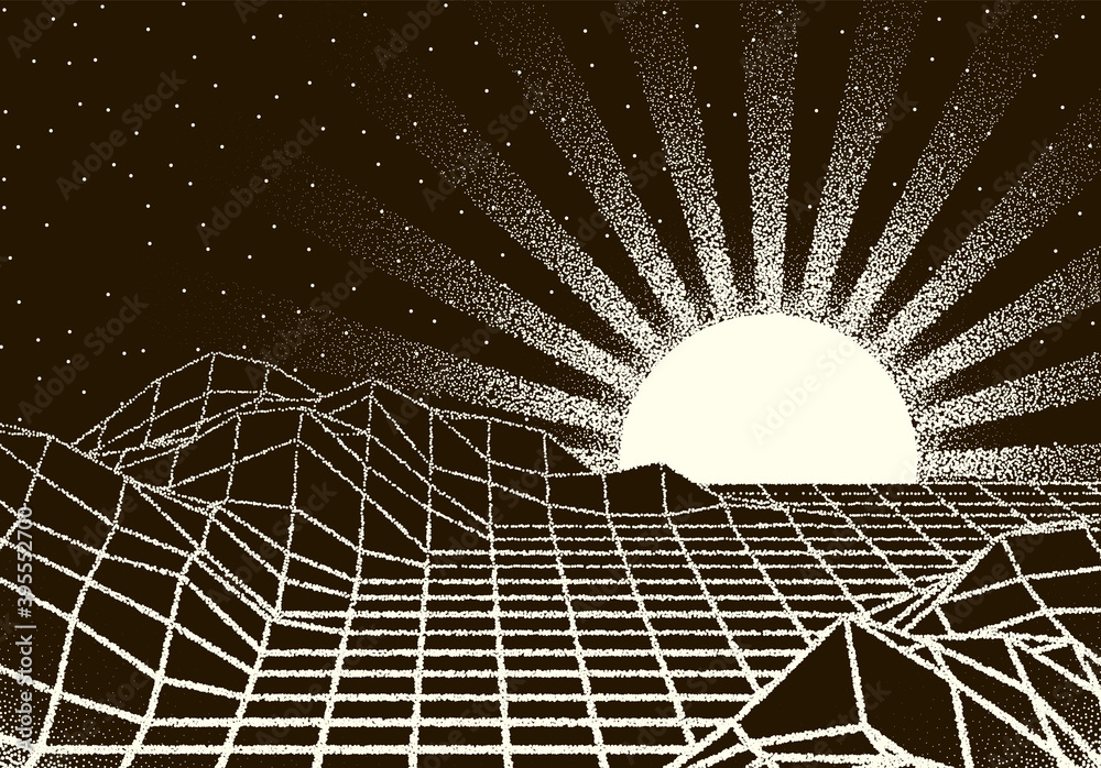 Retro dotwork landscape with 80s styled sun rays, laser grid and stars ...