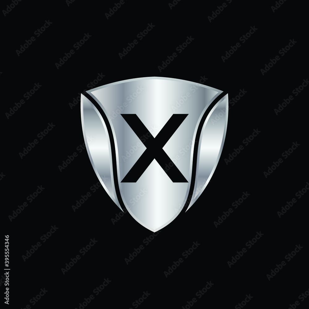 Silver Shield Logo Design for Letter X. Vector Realistic Metallic logo ...