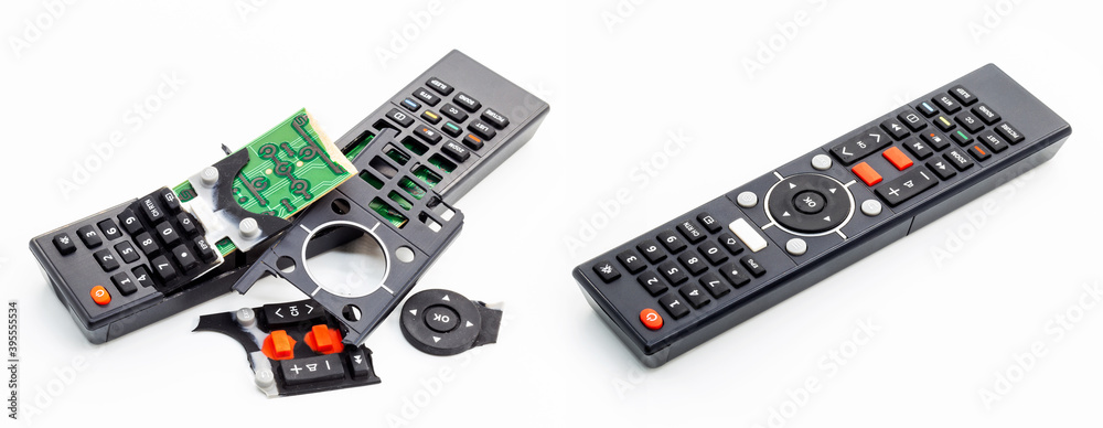 remote control for smart TV, a new control and a broken one. Concept of ...