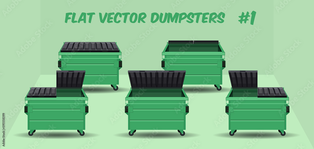 flat cartoon design of green dumpster containers isolated on a ...