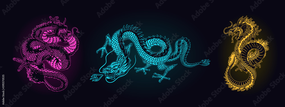 Japanese neon dragon. Mythological animal or Asian traditional reptile ...