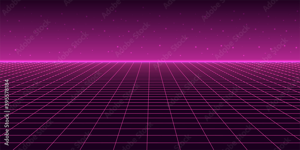 Abstract wireframe landscape 1980s style. Retro futuristic vector grid ...