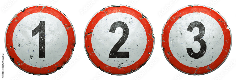 Set of public road signs in red and white with a numbers 1, 2, 3 in the center isolated on white ...