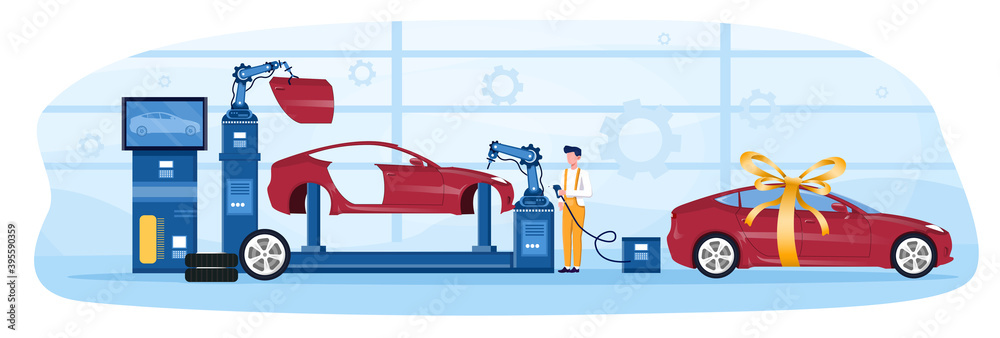 Final stage of car production industry. Vehicle part on the machinery ...