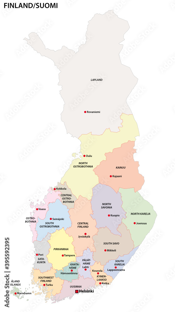 administrative and political vector map of the 19 regions of Finland ...