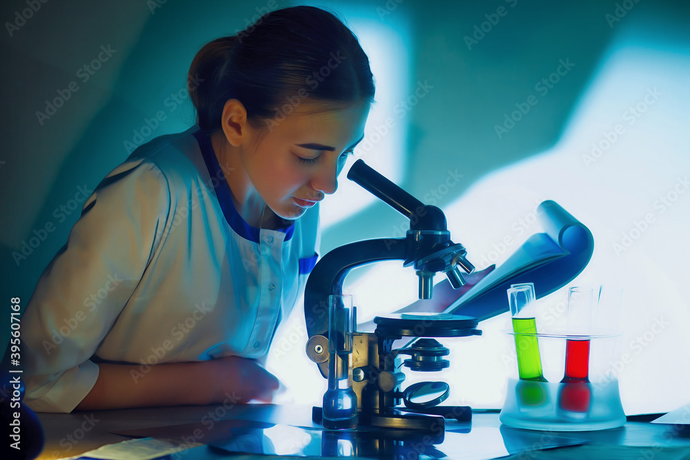 Student girl looking in a microscope, science laboratory concept ...