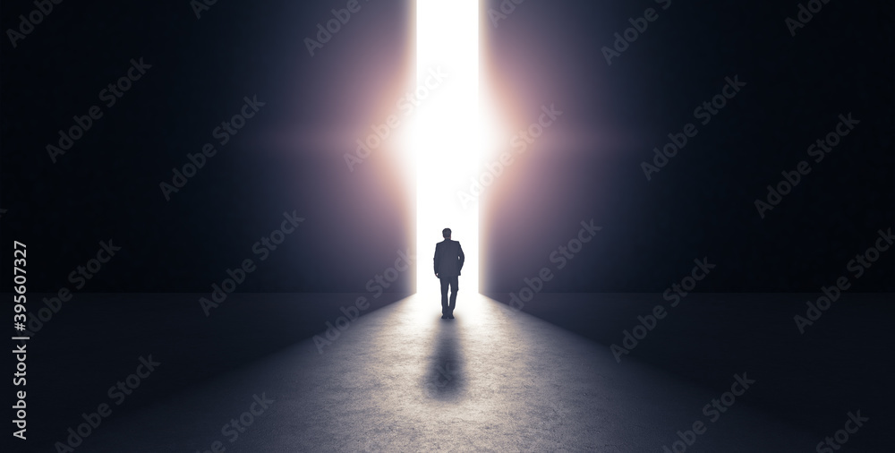 Man walking towards light. 3d rendering ilustração do Stock | Adobe Stock