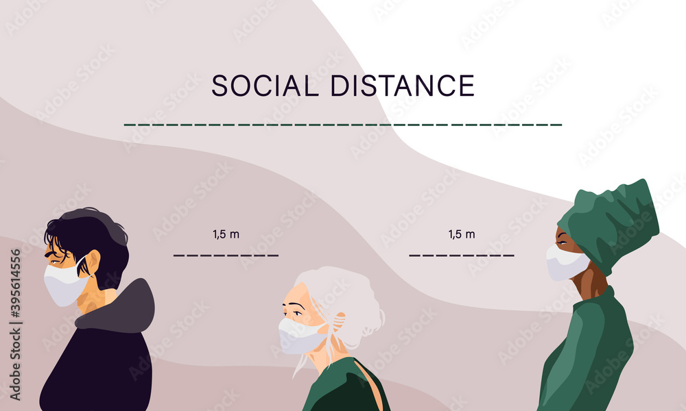 Man, young and old women on beige backdrop. Social distance for social ...