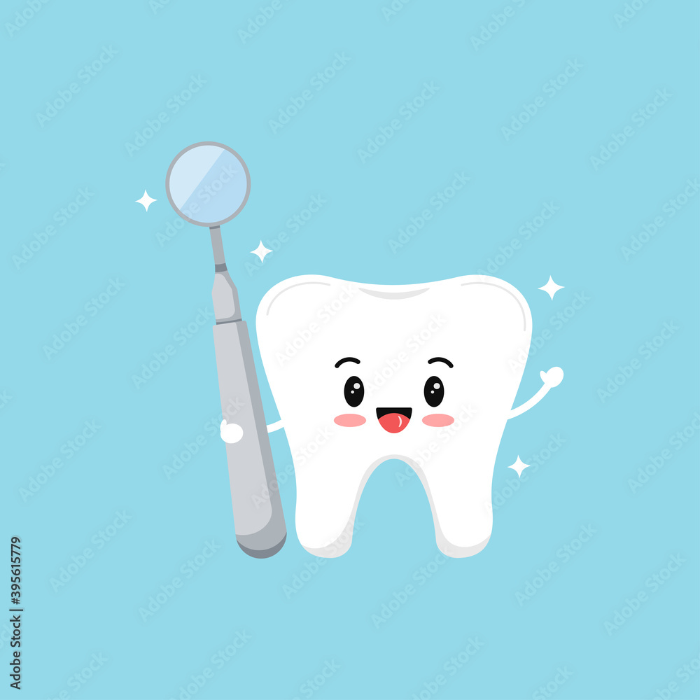 Cute tooth with dental mirror icon isolated on blue background. White ...