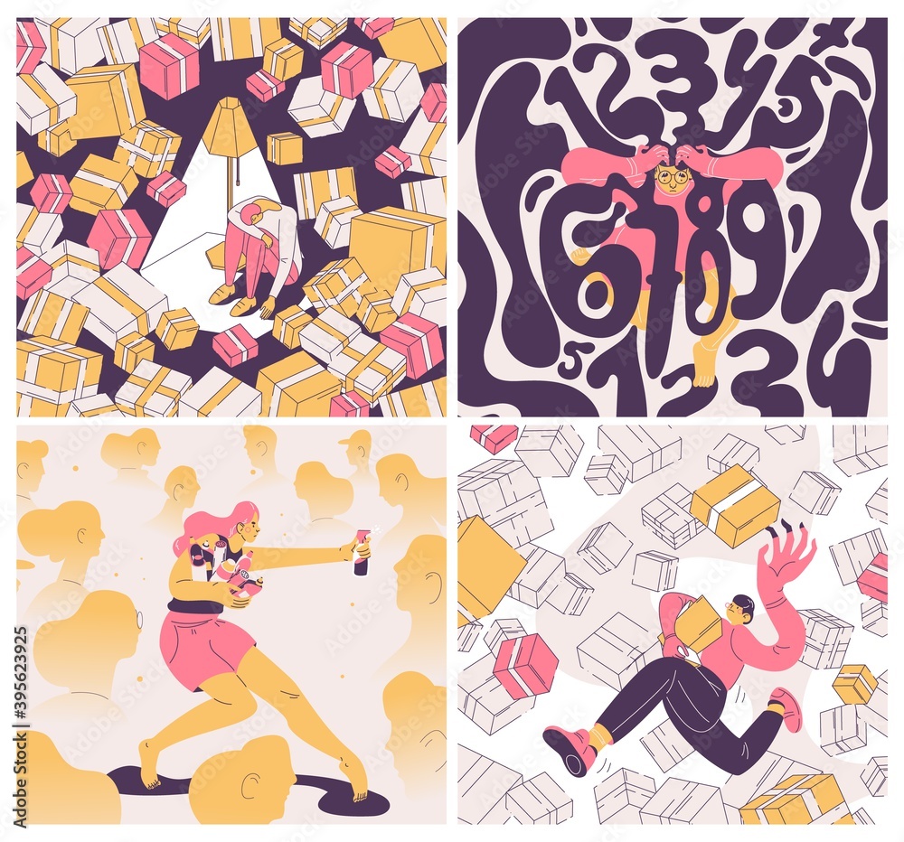 Concept square illustrations with people suffering from OCD. Pink ...