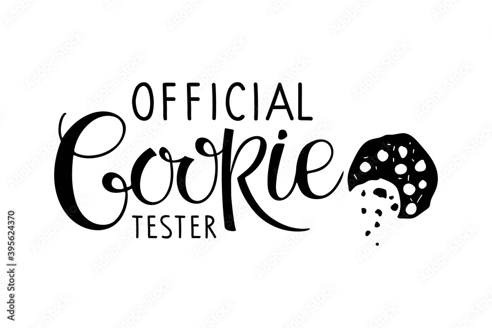 Official Cookie tester lettering isolated on white. Text with hand ...