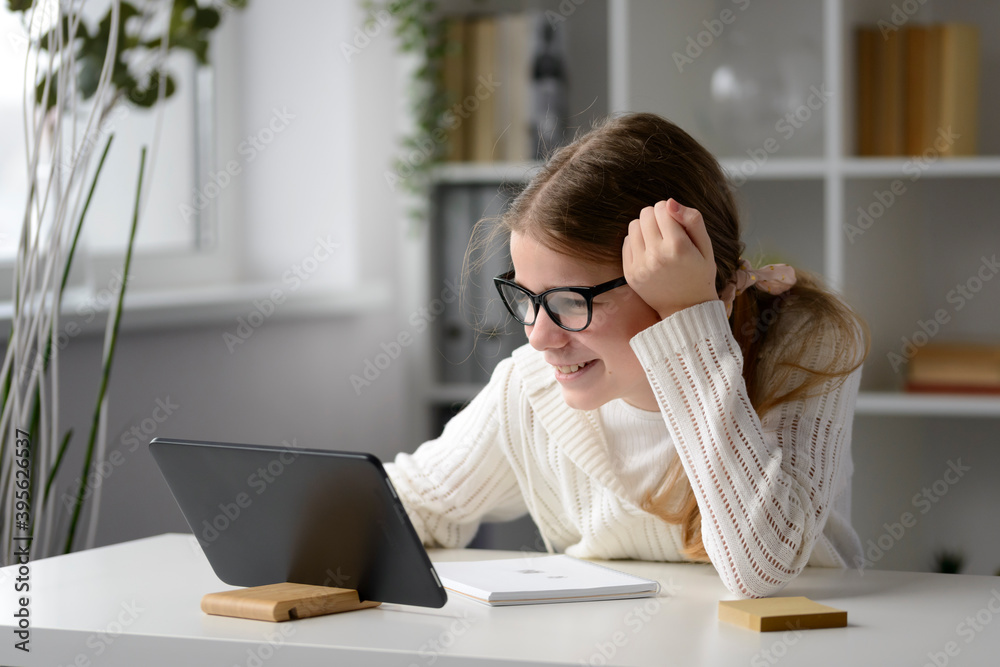 girl student online learning class study online video call zoom teacher ...