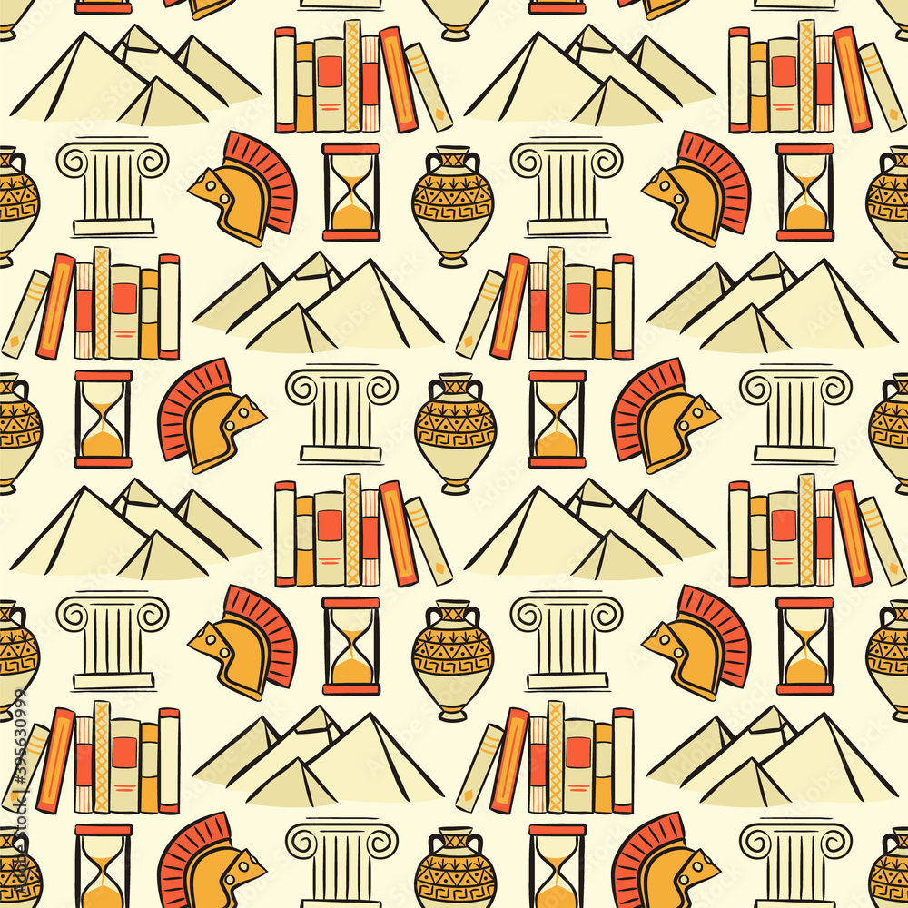 Seamless pattern of the school subject of history. Sand background with ...