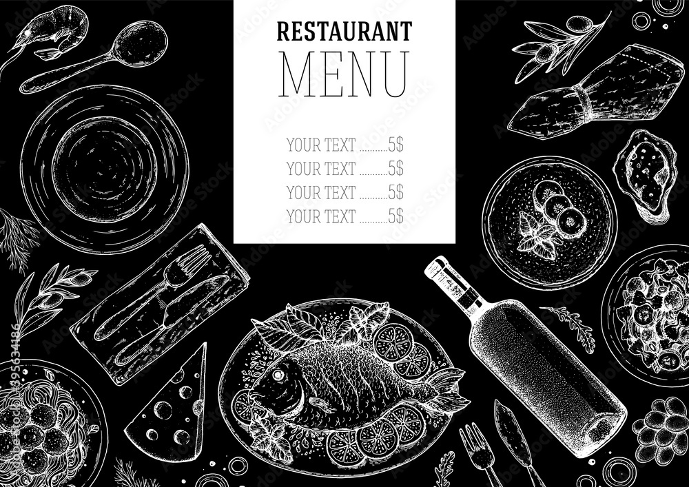 Food top view. Sketch illustration. Hand drawn. Food menu design ...