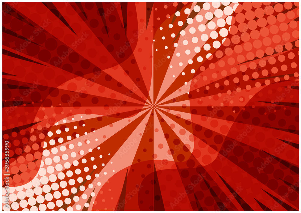 Abstract red striped retro comic background with halftone corners and ...