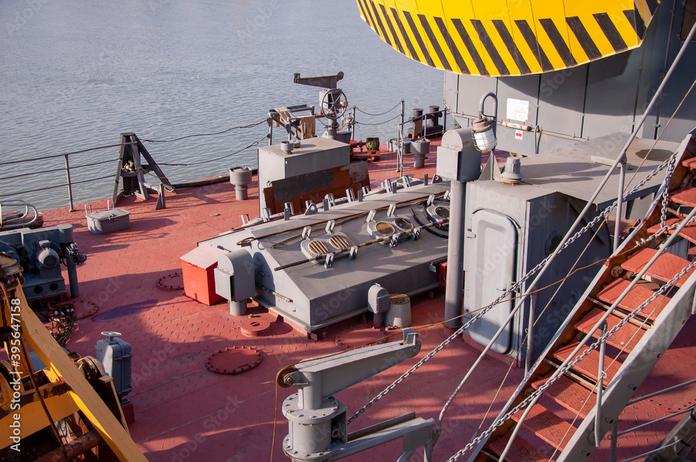 Metal mooring bollard on board the vessel and various parts of the ...