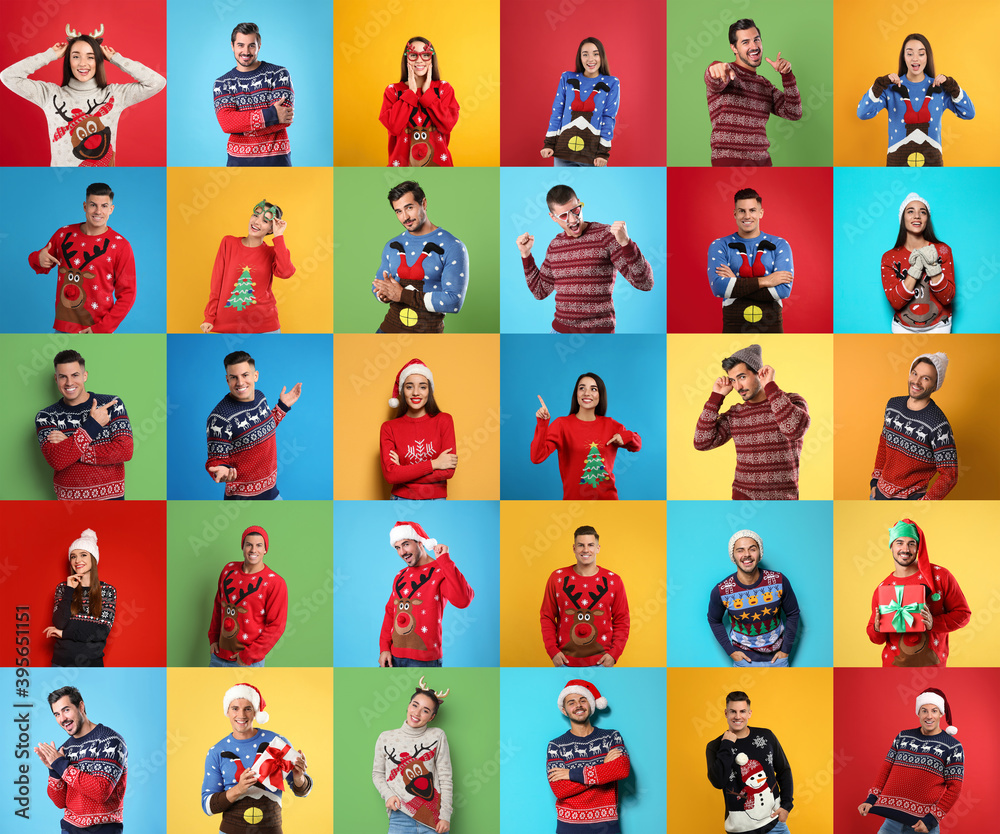 Collage with photos of men and women in different Christmas sweaters on ...