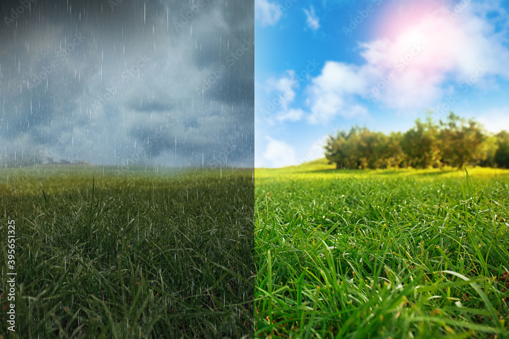Green field during sunny and stormy weather, collage Stock Photo ...