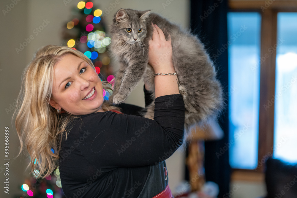 Crazy cat lady woman holds up her gray kitten, Christmas boken in ...
