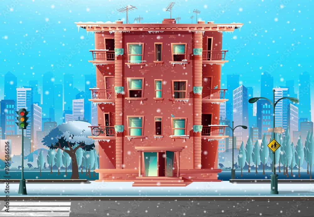 Vector winter snowy cartoon style modern multi-storey building ...