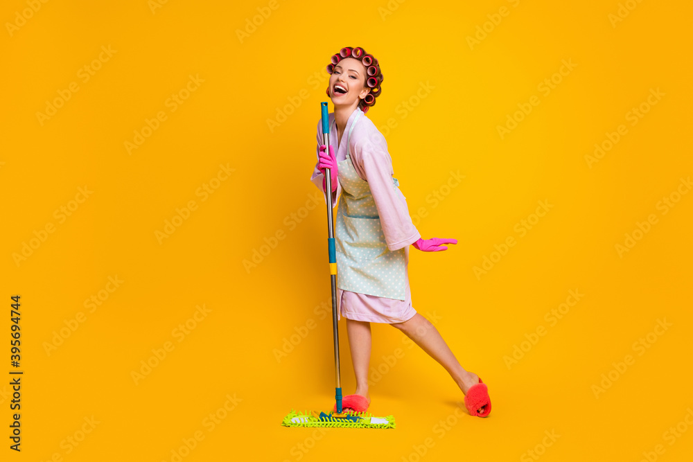 Full length body size view of attractive cheery maid singing pop hit ...