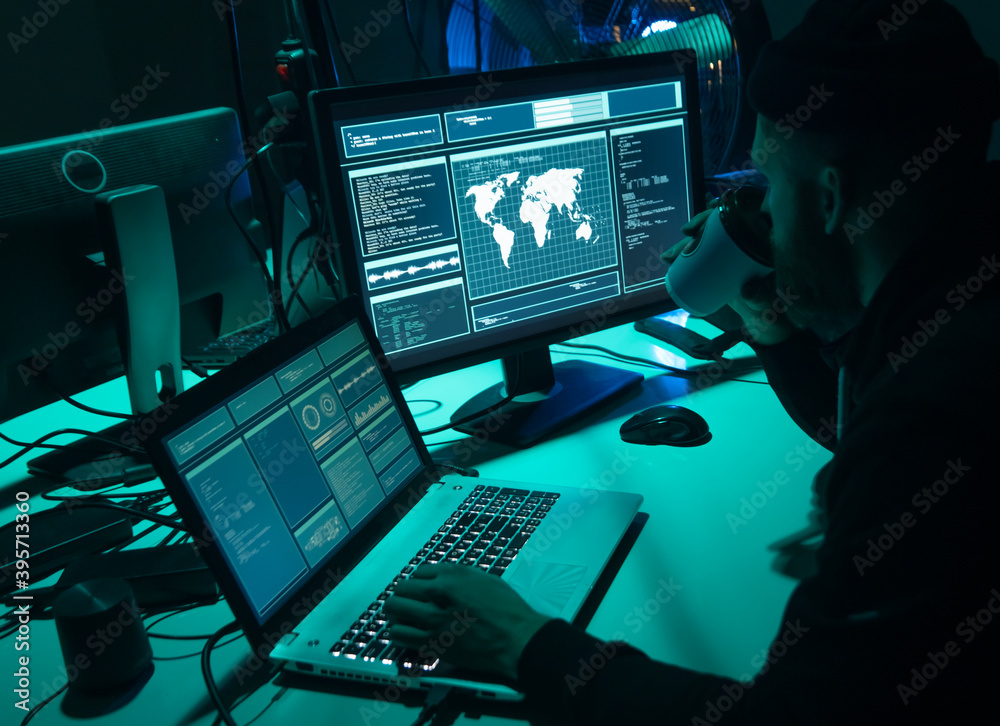 Hackers making cryptocurrency fraud using virus software and computer interface. Blockchain ...