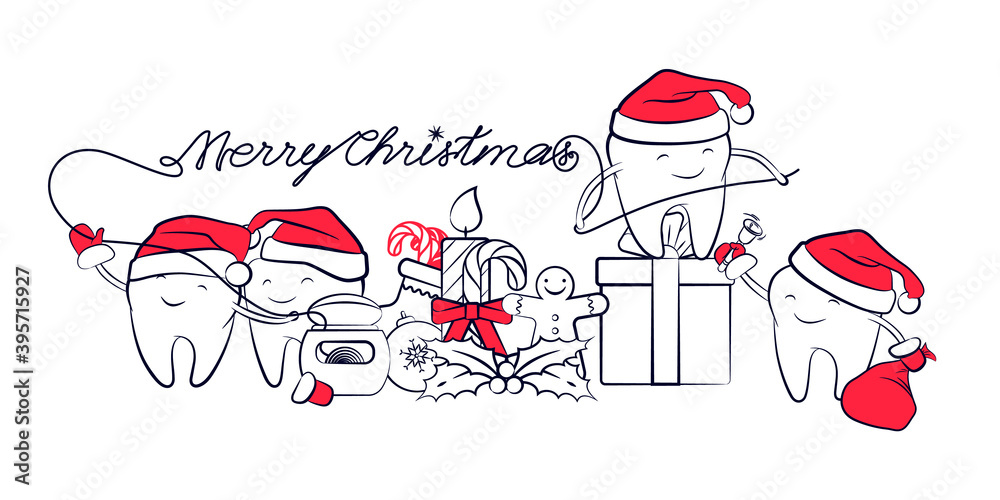 Christmas banner with smiling teeth in a Santa Claus hat, floss, and ...
