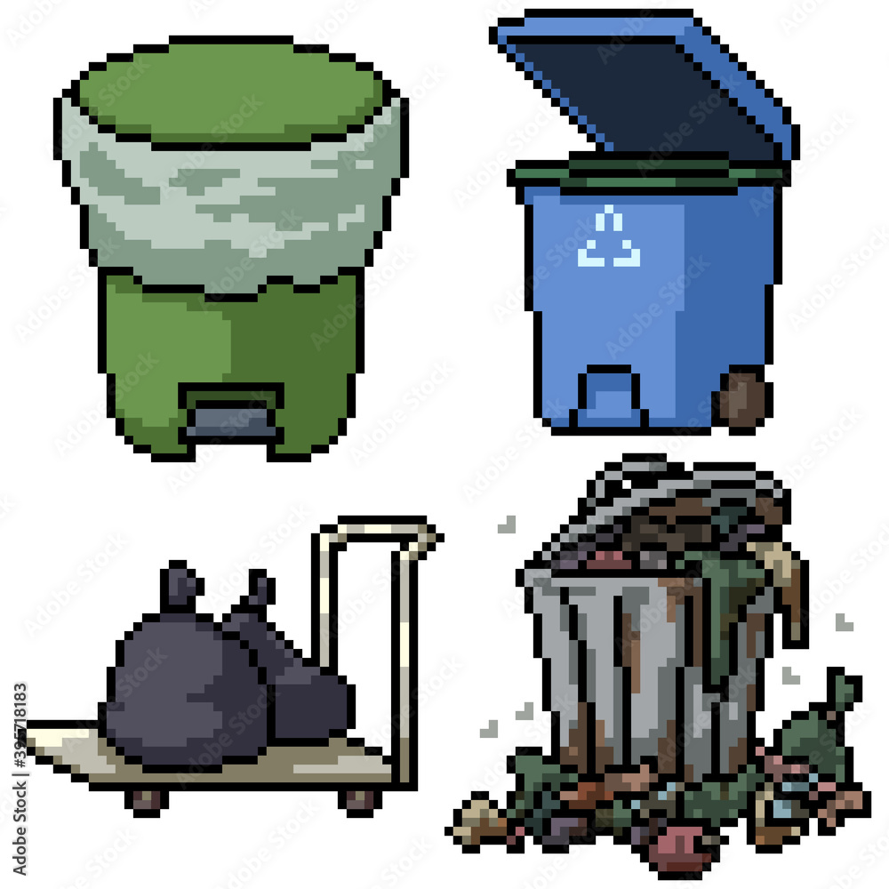 pixel art set isolated garbage bin Stock Vector | Adobe Stock