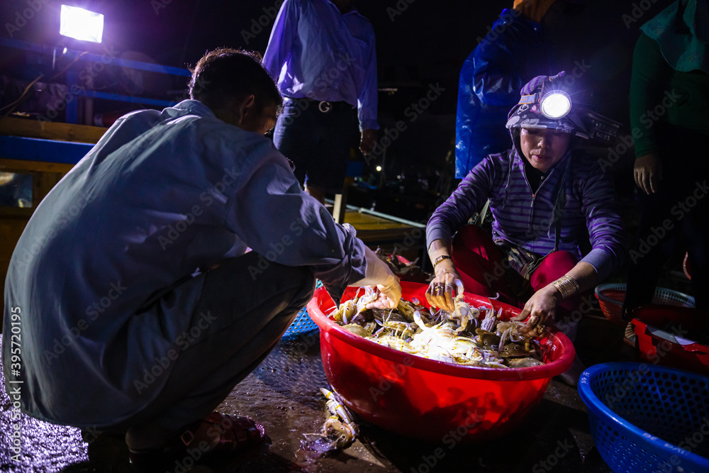 The fish market at the harbor of Hoi An in Vietnam in the early morning ...