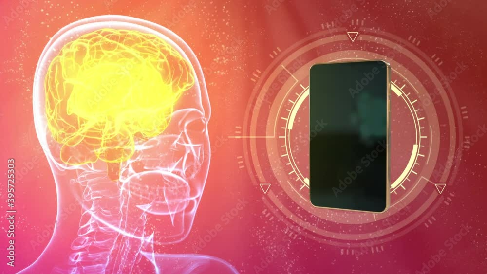 x-ray human head moving with ringing incoming call phone, brain danger ...