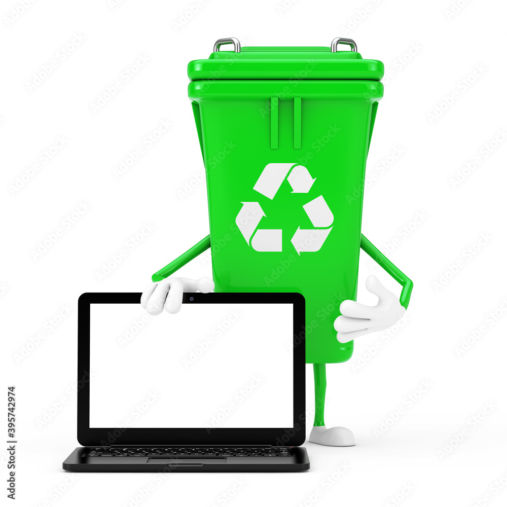 Recycle Sign Green Garbage Trash Bin Character Mascot and Modern Laptop ...