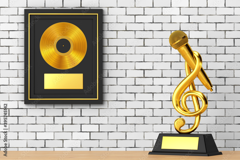 Golden Music Treble Clef with Microphone Award Trophy and Golden Vinyl ...
