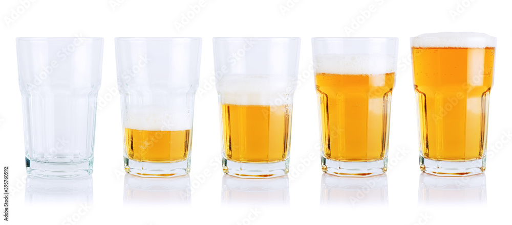 Five glasses filled with beer, showing the steps of filling. From empty ...