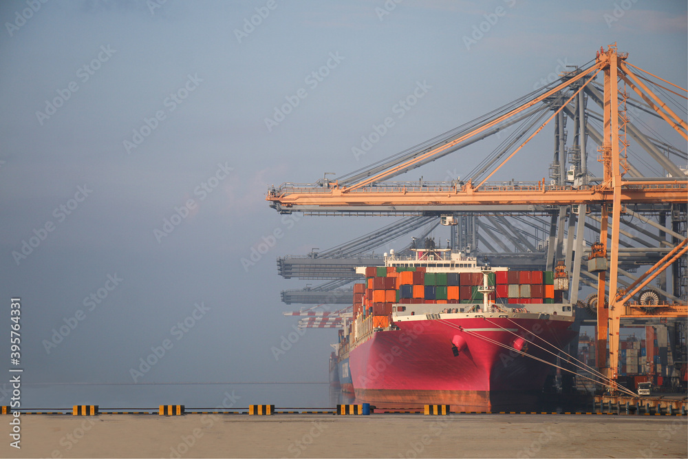 Pink ship container cargo entering commercial port, Logistics and ...