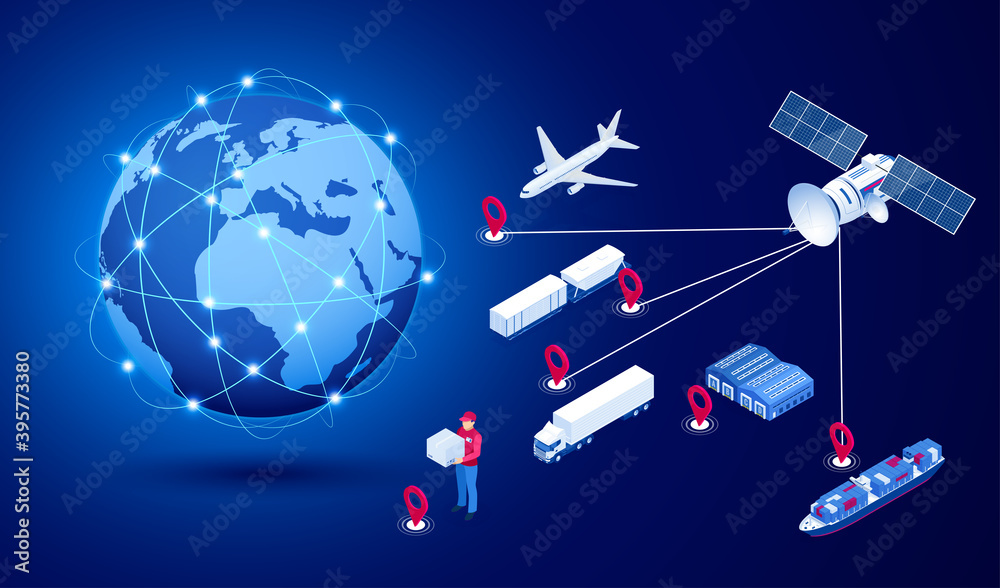 Isometric Global logistics network concept. Freight shipping. Satellite ...